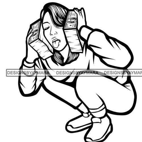 Black Woman Holding Stacks of Cash Money Over Ears Kneeling - Etsy