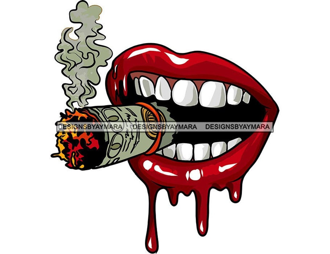 Red Lips Mouth Smoking Cigar Hundred Dollar Bill Smoke Dripping White ...