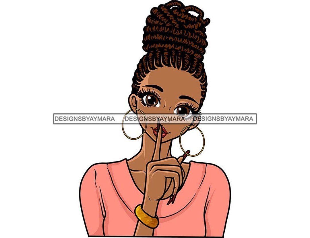 Female Woman Braid Locs Hairstyle Hoop Earrings Finger Shush Whisper ...