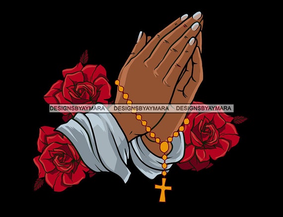 Praying Hands With Rosary And Roses Drawings