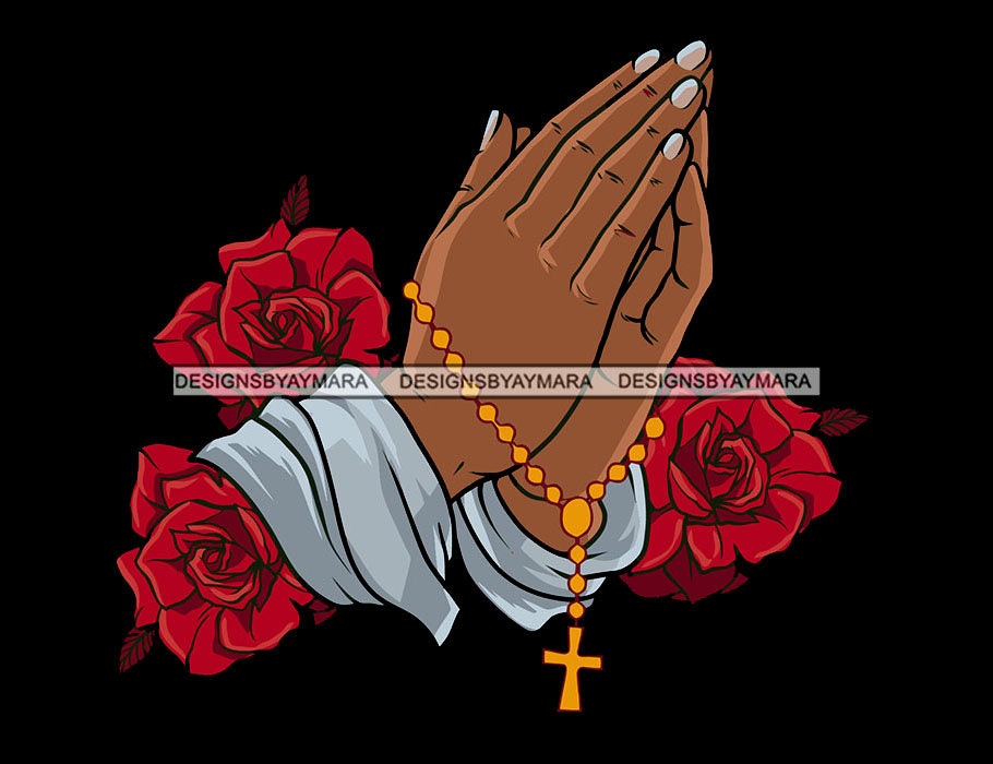 Praying Hands With Rosary And Roses