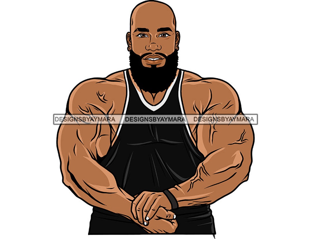 Black Bald Bearded Man Muscles Strong Black Tank Top Athletic Fitness ...