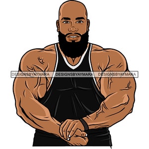 Black Bald Bearded Man Muscles Strong Black Tank Top Athletic Fitness ...