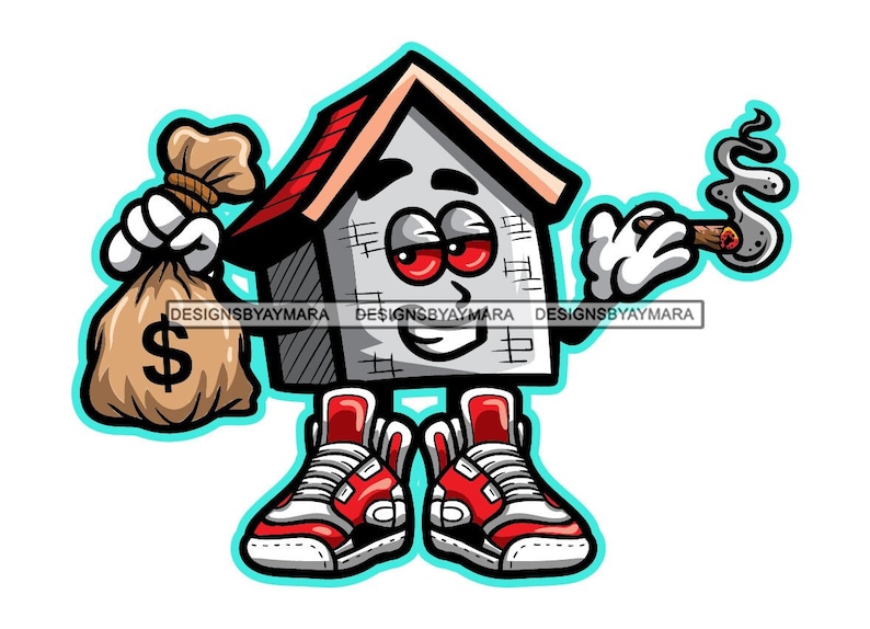 House Cartoon Character Smoking Cigar Smoke Smoker Money Bag Cash Red ...