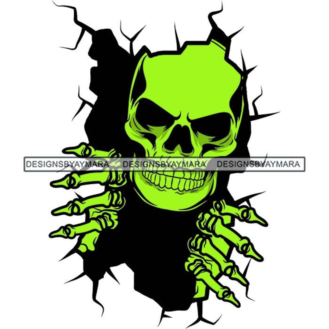 Lime Green Skeleton Skull Bones Cracked Wall Fingers Hands Human Evil ...