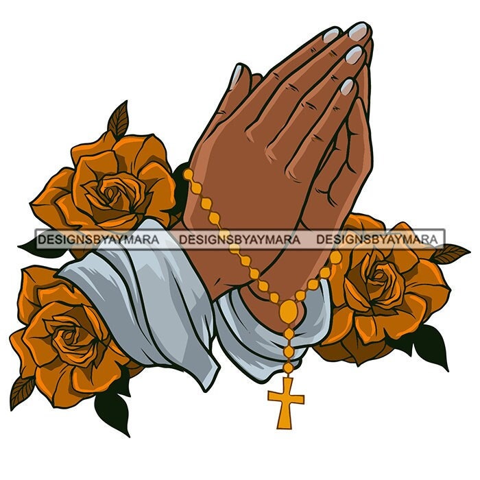Praying Hands With Rosary And Roses
