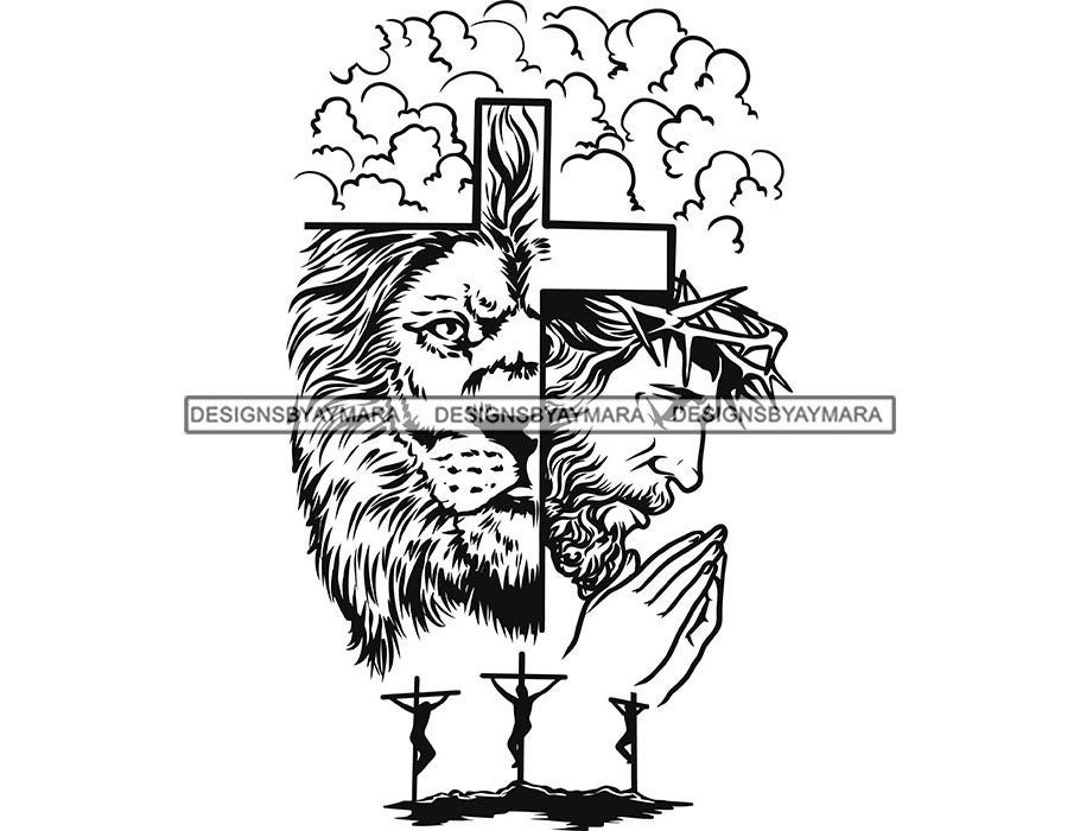 Lion Face Jesus Praying Hands Cross Outline Calvary Mountain Three Men ...