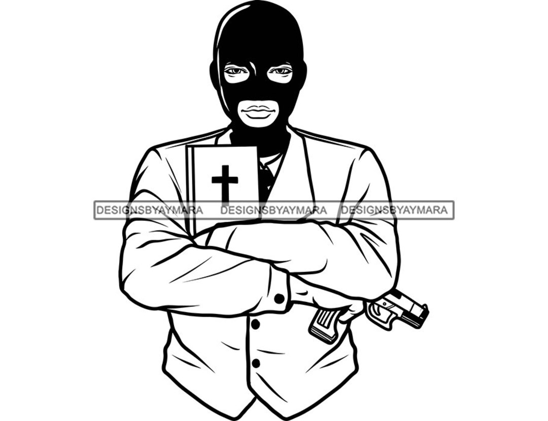 Gangster Man Ski Mask Bandana Blaclava Crime Burglar Bible Book Handgun ...