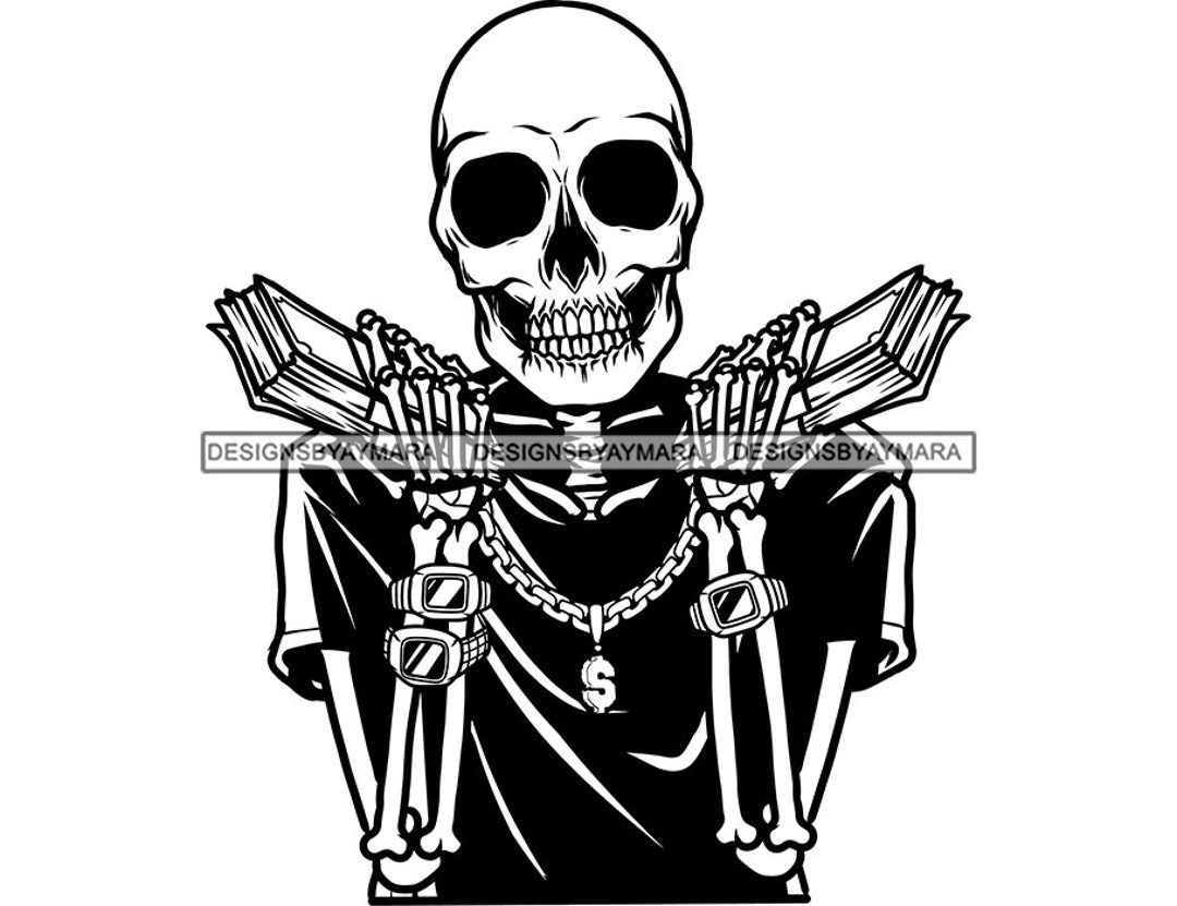 Hustler Skull Man Cartoon Character Holding Money Stack Cash Bank Dope ...