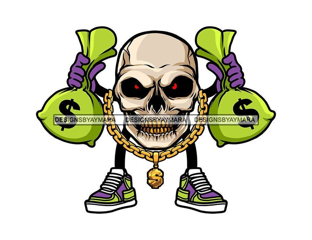 Skull Man Cartoon Character Carrying Money Bags Cash Hustler Grind ...