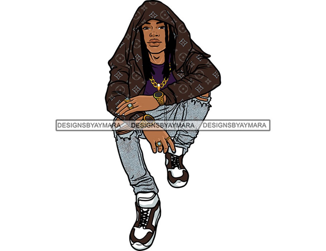 Young Black Gangster Blue Ripped Torn Jeans Brown White Sneakers Hoodie ...