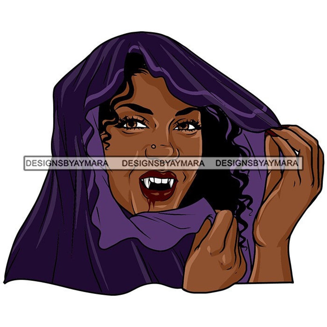 Black Woman Vampire in Purple Cloak Showing Viper Vampire Teeth Blood ...