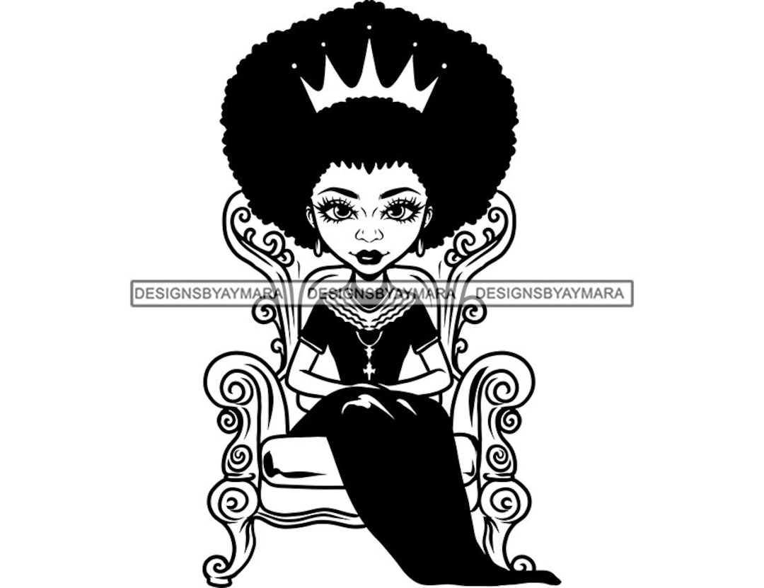 African Queen Cartoon Character Throne Royal Black Woman Royalty Afro ...