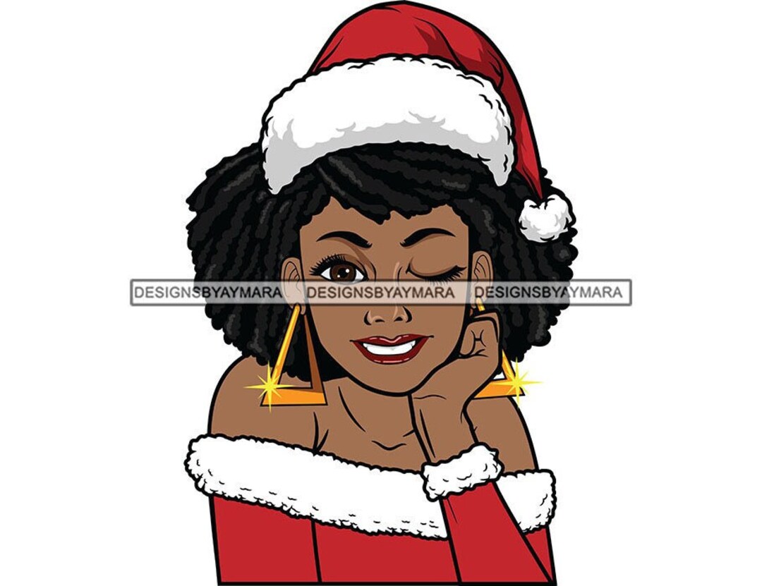 Santa Black Woman Santa Claus Hat Dreads Locs Gold Triangle Earrings ...