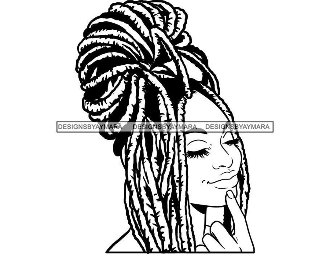 Woman Dread Locs Updo Melanin Closed Eyes Outline Black White Head ...