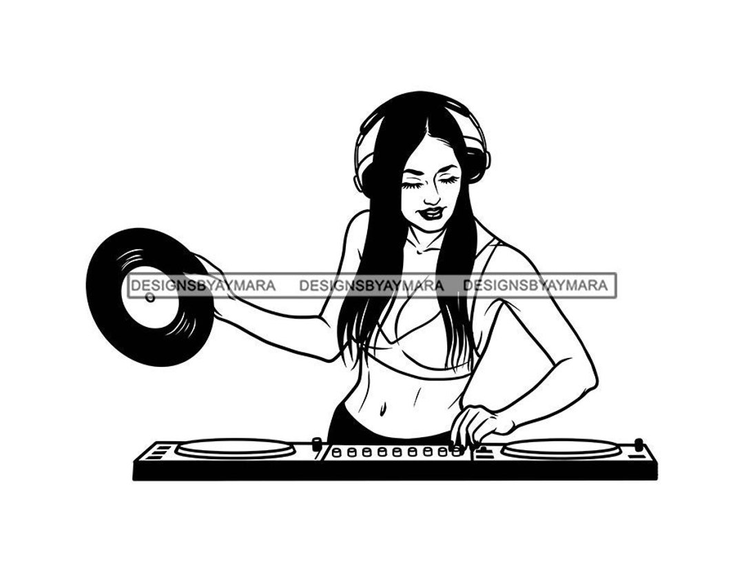 Dj Headphones Music Record Mixer Sounds Female Woman Long Hair Halter ...