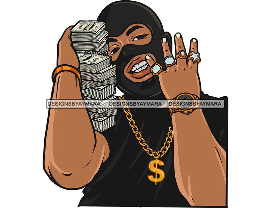 Young Black Man Ski Mask Stack Cash Money Dollar Bills Gold Dollar Sign ...