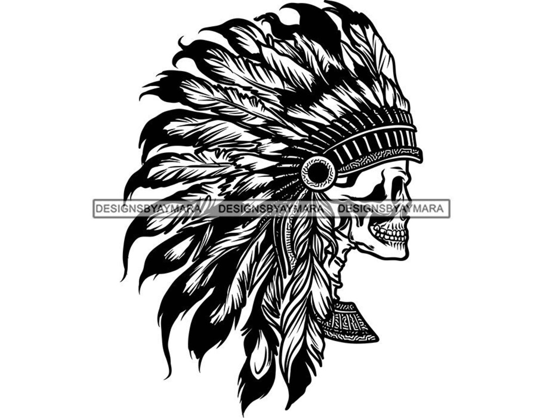 Cherokee Indian Man Face Skull Warrior Feather Headdress Skeleton Death ...