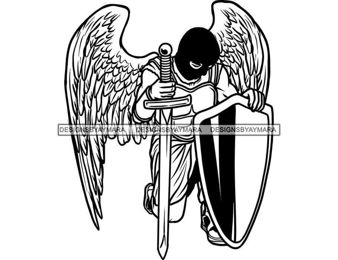 Ski Mask Hood Angel Sword Shield Armor Drape Kneeling Guardian Guard ...