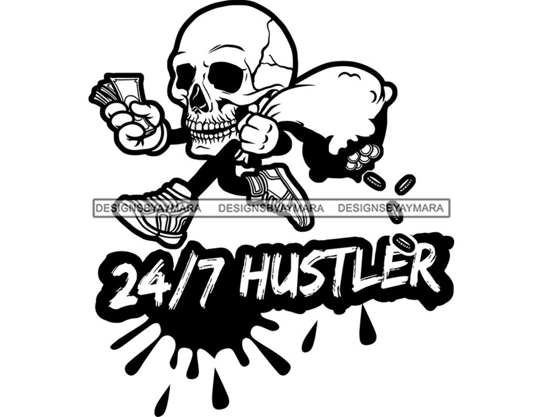 24/7 Hustler Skull Man Cartoon Character Running Money Bag Cash Bank ...