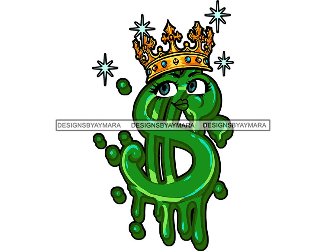 Green Female Dollar Sign Character Cartoon Queen Gold Crown Blue Eyes ...