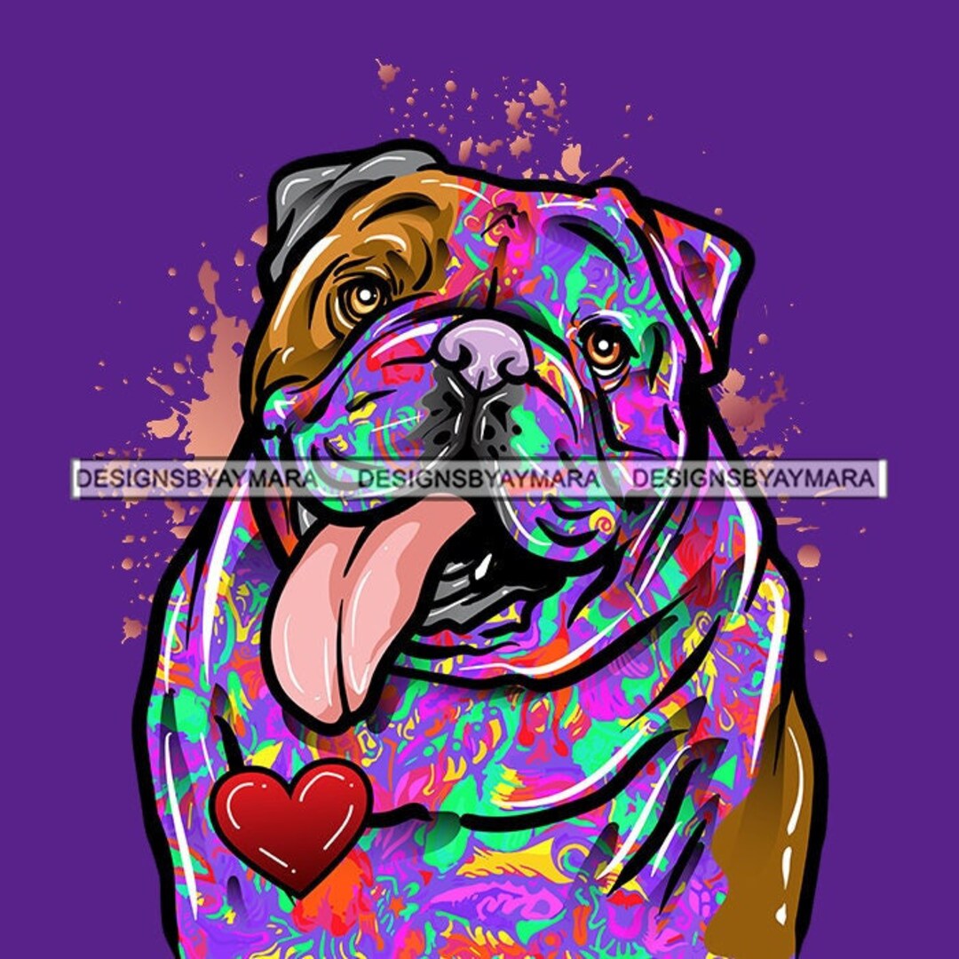 Bulldog Dog Red Heart Animal Rainbow Blue Splash Paint Purple Nose ...