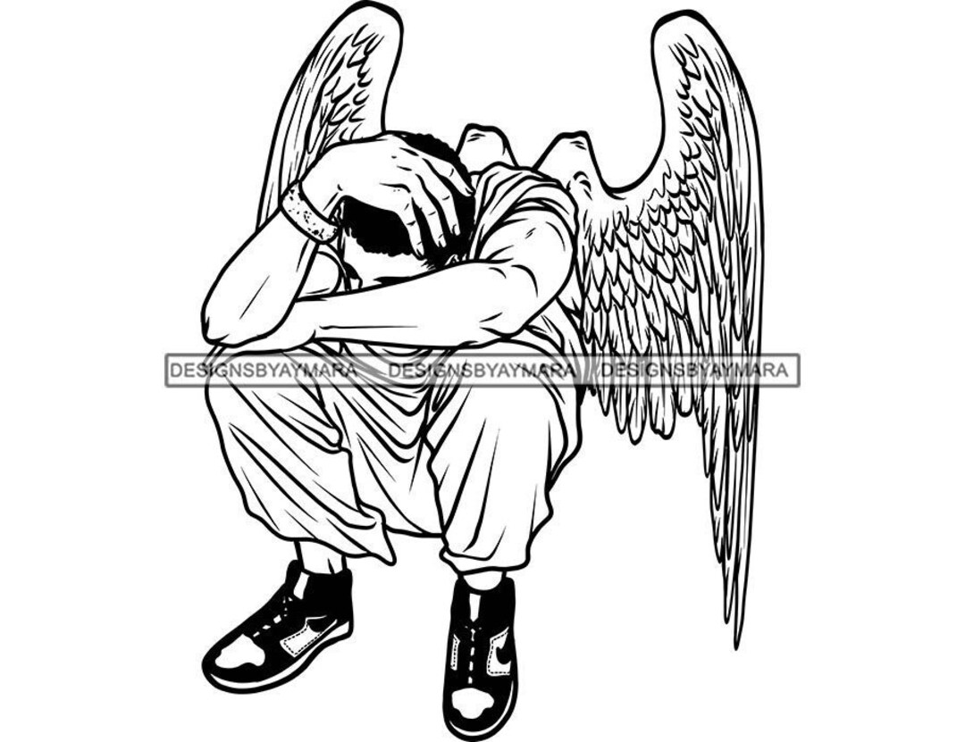 Young Man Angel Wings Robe Stooping Hand Head Sneakers Bracelet Afro ...