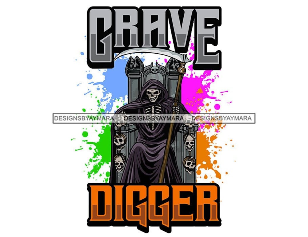 Grave Digger Skull Grim Reaper Sitting Throne Holding Scythe Skeleton ...