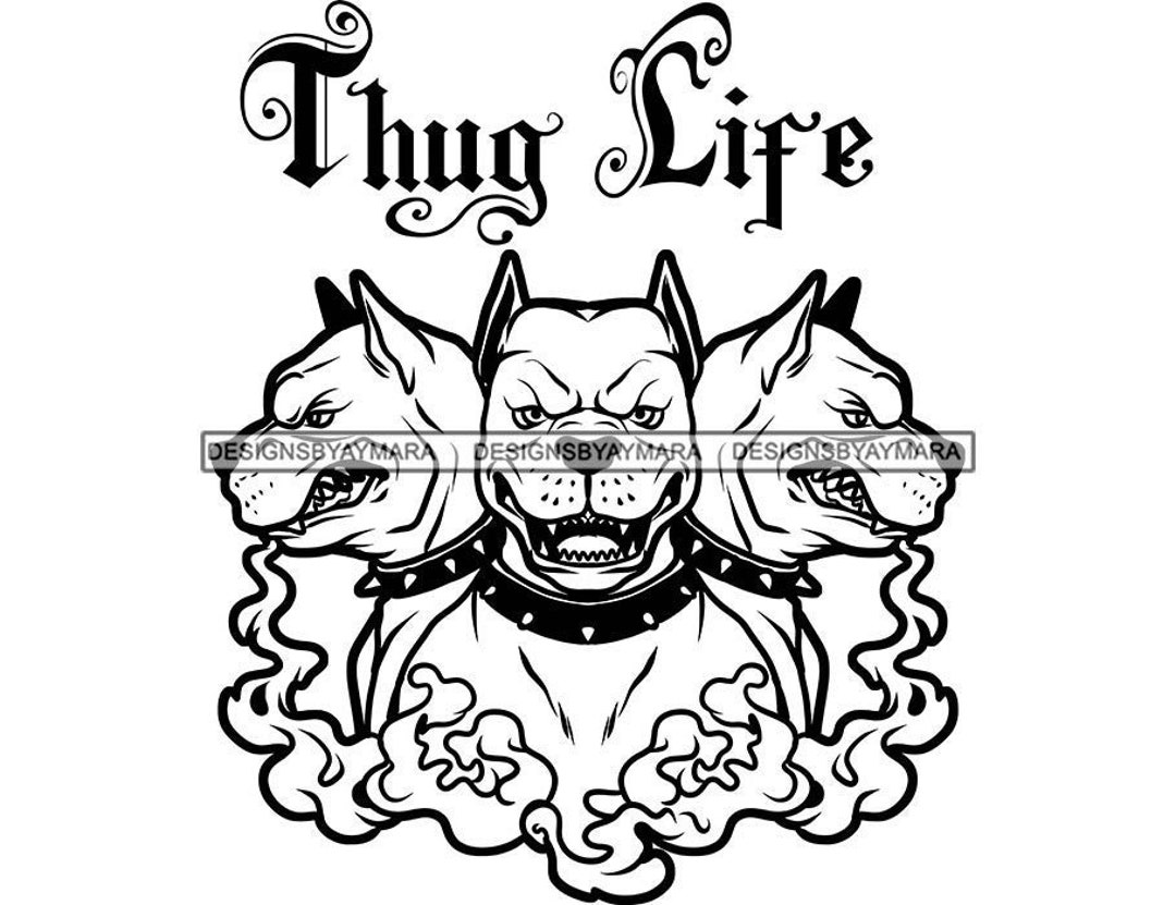 Thug Life Three Dogs Pit Bulls Mouth Growl Bite Collars Animals Black ...