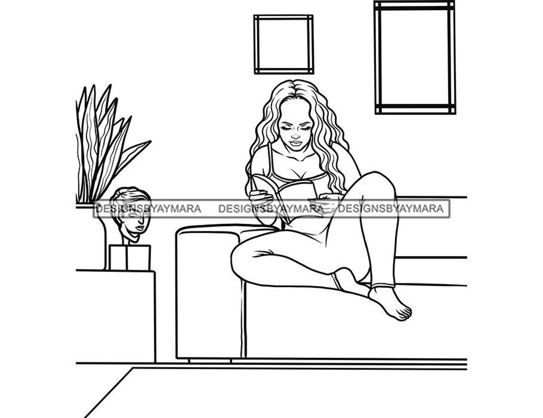 Intellectual Woman Reading in Her Living Room Adult Coloring Image Art ...