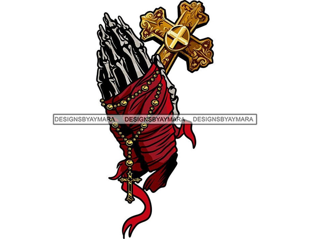 Bound Skeleton Hands Bones Gold Cross Rosary Chain Red Rags Tape Cloth ...