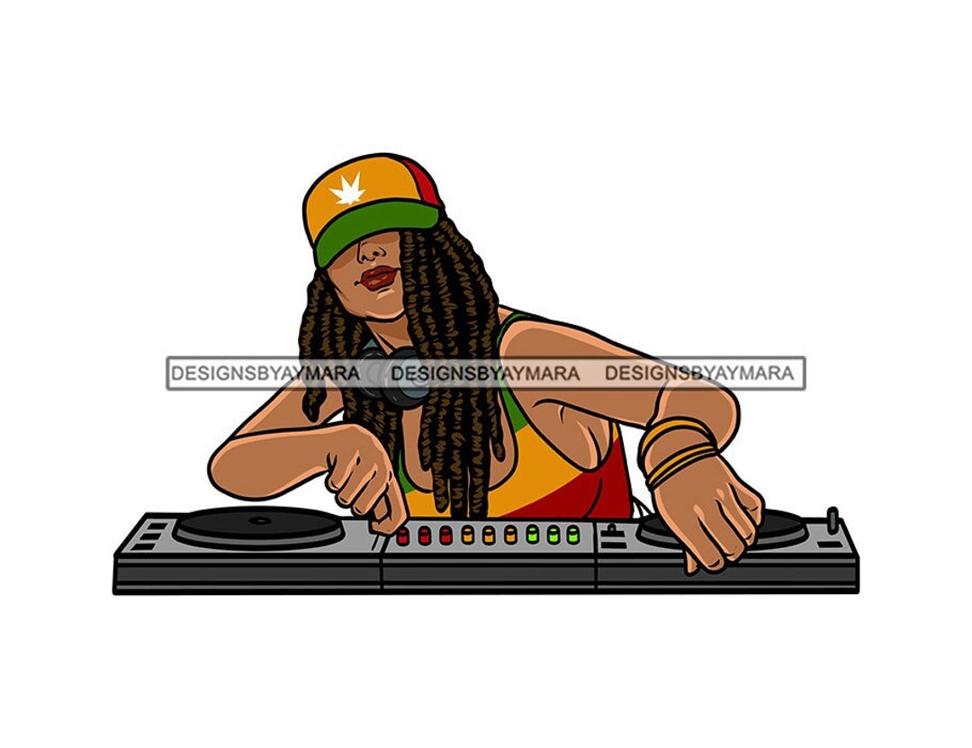 Black Woman Female Dreads Headphones Dj Tank Top Spinning Record ...