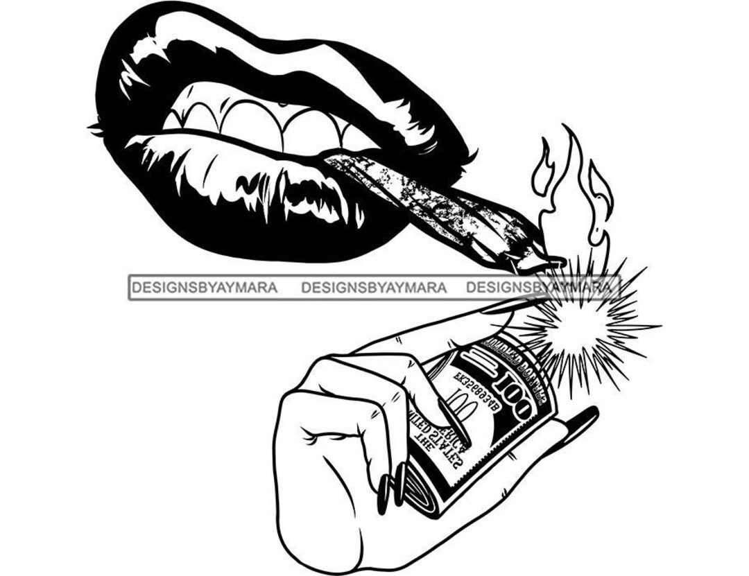Female Mouth Lips Smoking Herbs Hand Lighter Flame Fire Lit Cigar Spark Teeth Grill Black White