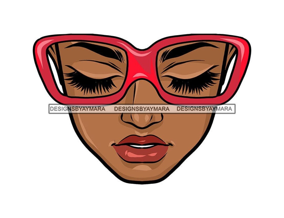 Black Woman Pink Pair Eye Glasses Eyes Closed Long Eyelash Face Eye Shadow Only Illustration