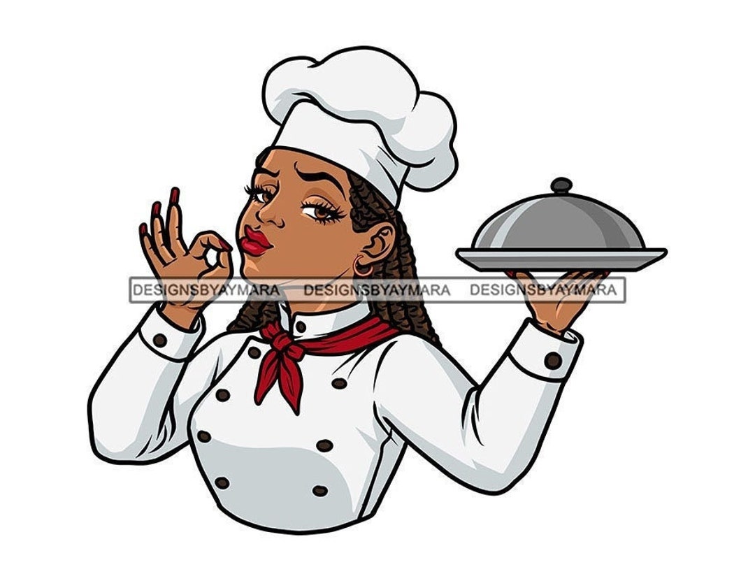Female Chef Professional Cook Bon Appetit Tray Braids White Uniform Red ...