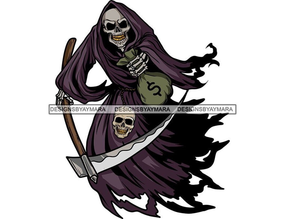 Grim Reaper Halloween Skeleton Bones Death Sickle Sword Bank Bag Purple ...