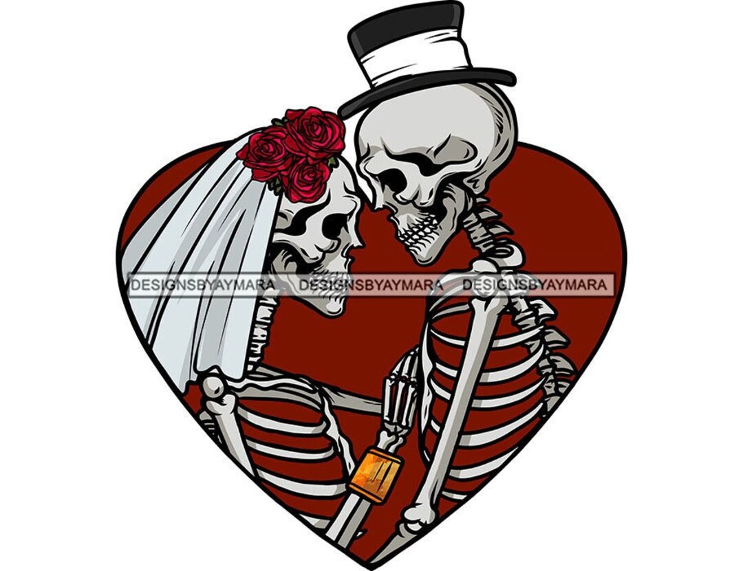 Skeleton Couple Bride Groom Wedding Veil Black Top Hat Red Roses Bones ...