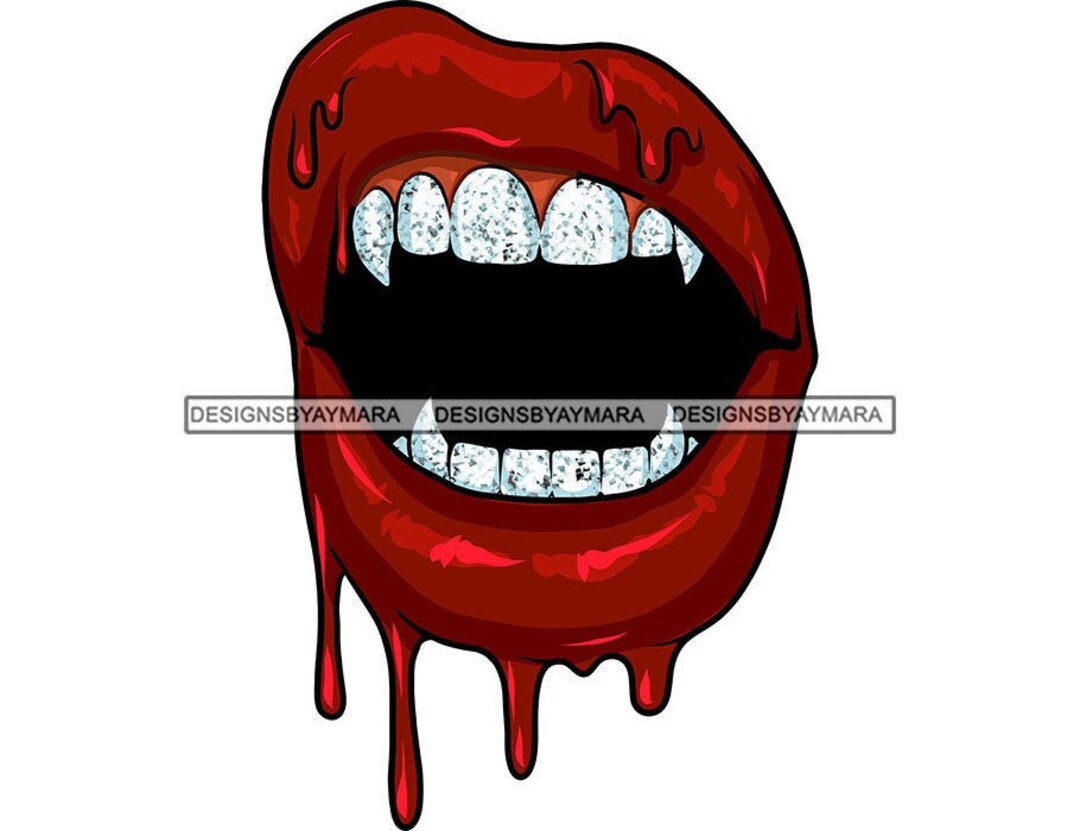 Open Mouth Red Lips Dripping Teeth Diamond Grill Tongue Element ...
