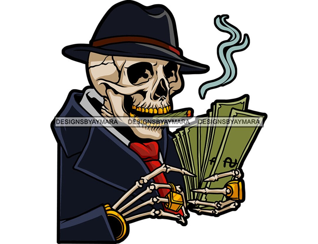 Skull Man Carrying Money Smoking Cigar Classy Suit Cash Hustler Grind ...