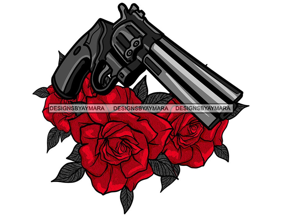 Red Roses Flower Handgun Gun Pistol Weapon Tattoo Ink Gangster Mafia ...