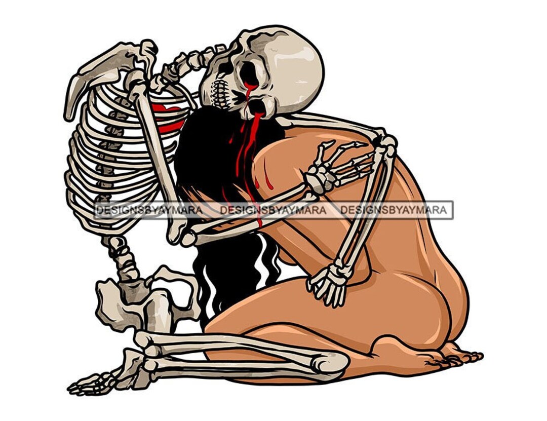 Beige Skeleton Bones Skull Hug Embrace Nude Tanned Woman Love Death Human Body Blood Horror ...