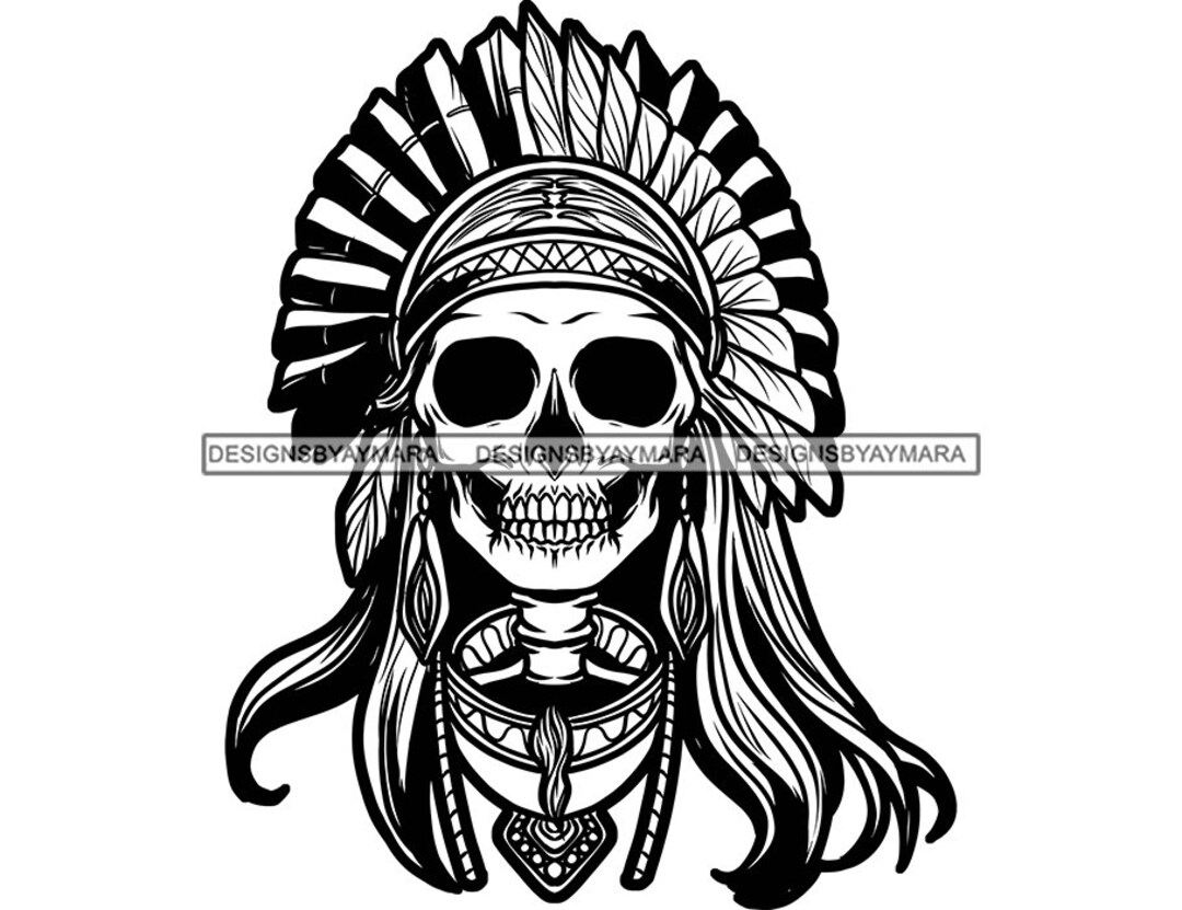 Cherokee Female Skull Indian Warrior Feather Headdress Skeleton Death ...