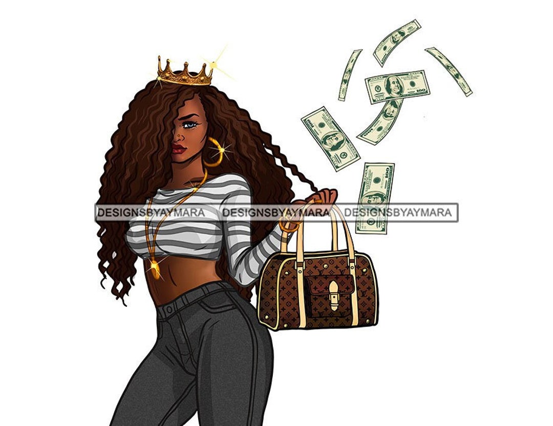 Black Female Queen Gold Crown Flying Cash Money Purse Handbag Jeans ...