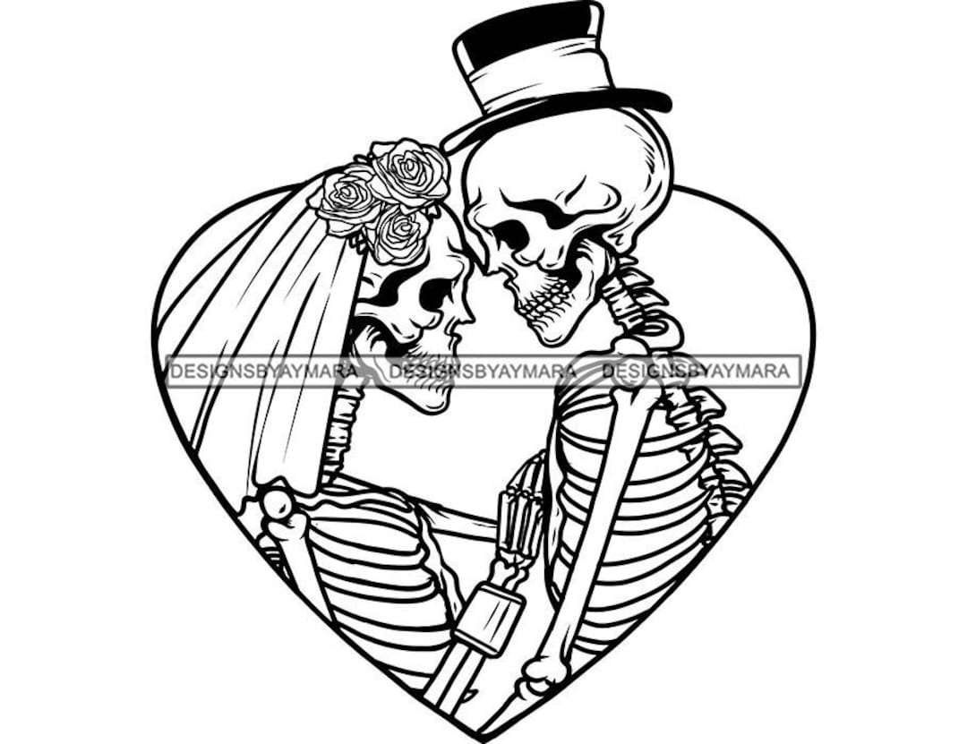 Skeleton Couple Bride Groom Wedding Veil Top Hat Flowers Bones Heart ...