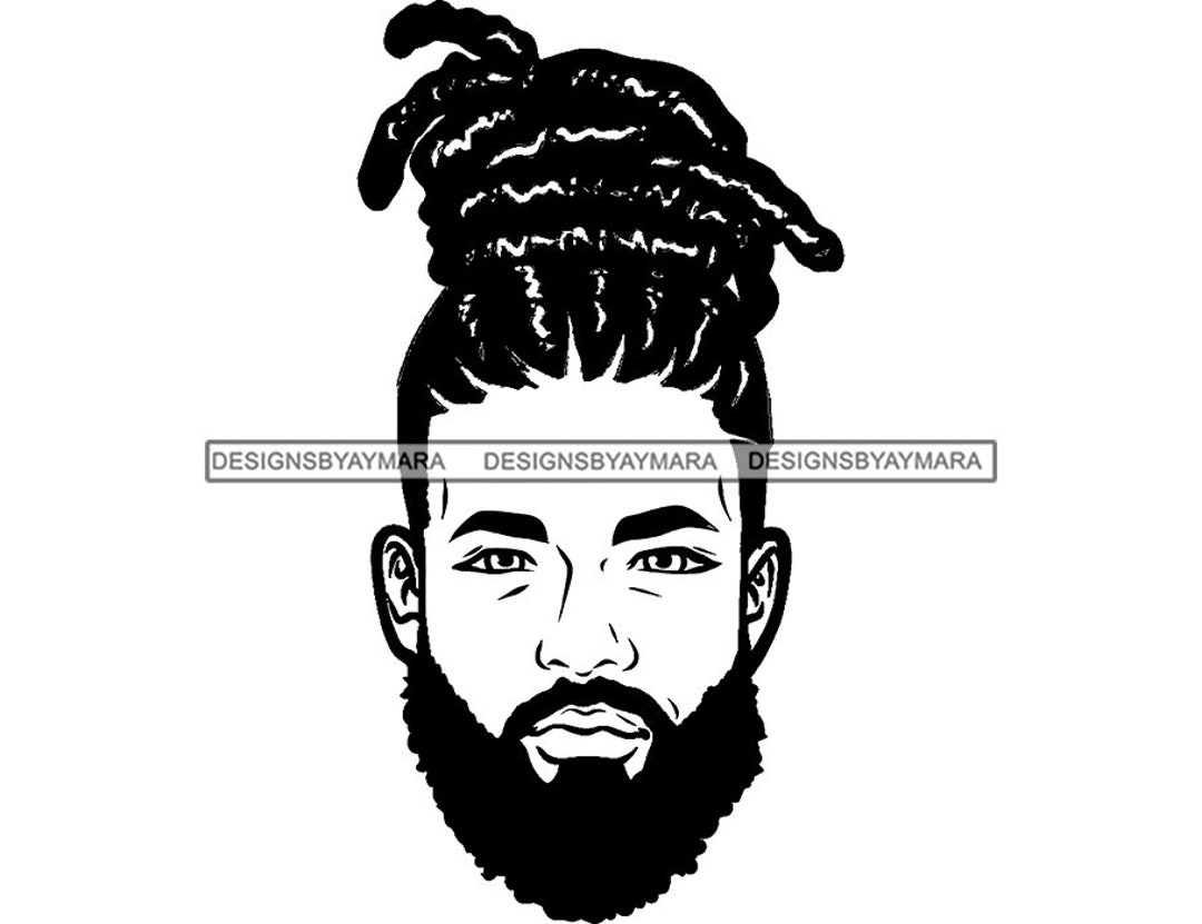 Bearded Man Dread Locs Head Only Face Hair Bun Outline Black White ...
