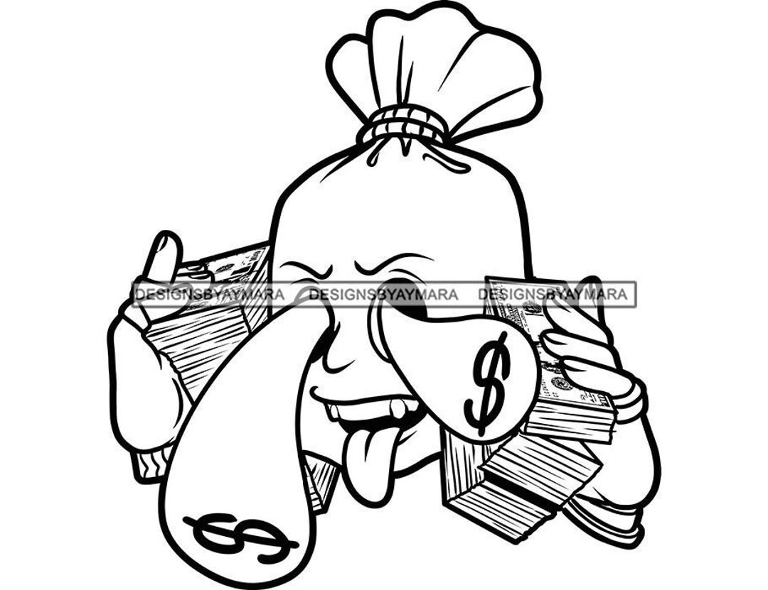 Bank Bag Character Bulging Eyes Dollar Signs Cash Money Benjamins Bills ...