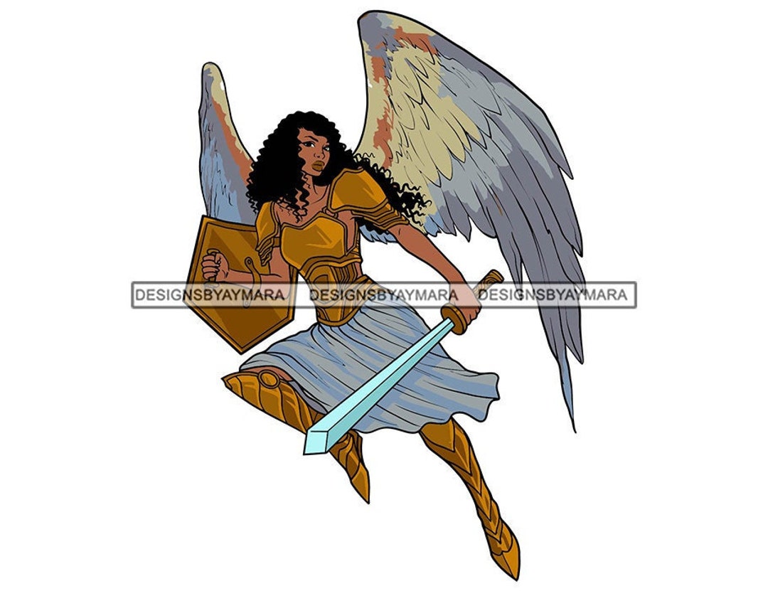 Black Woman Warrior Angel Justice Wings Feathers Flight Gold Sword and ...