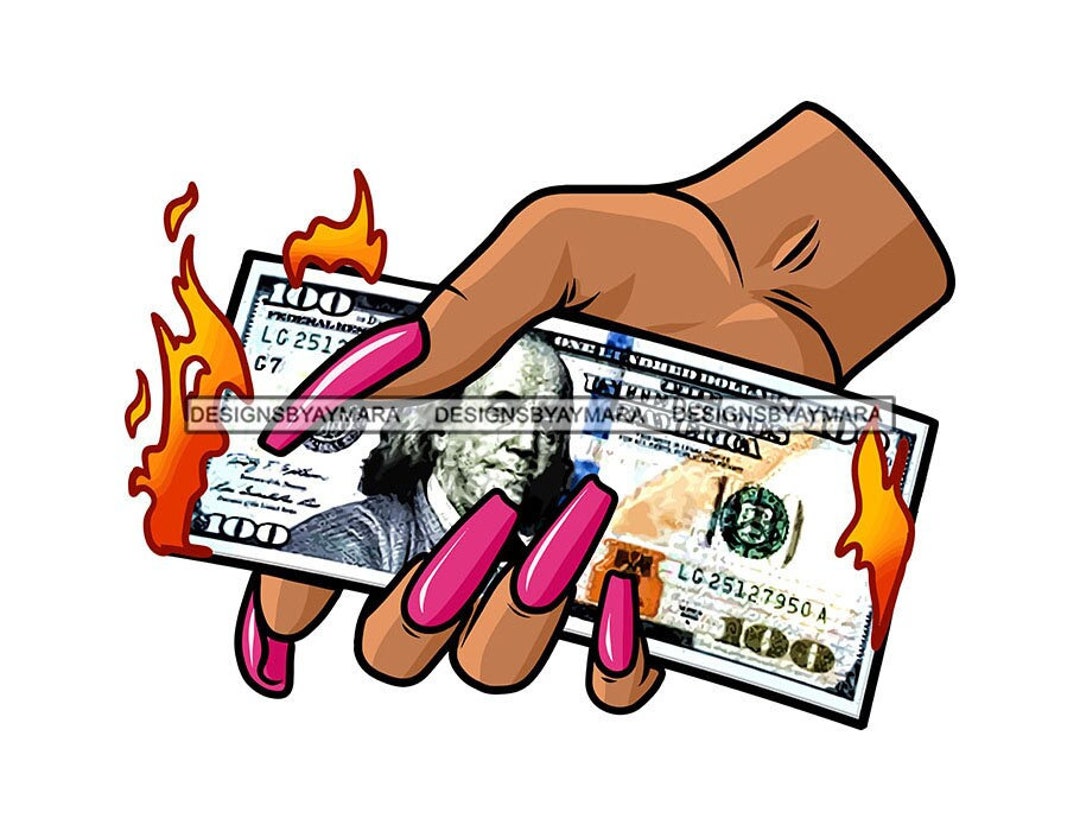 Female Woman Hand Wrist Cash Money Hundred Dollar Bills Burning Flames ...
