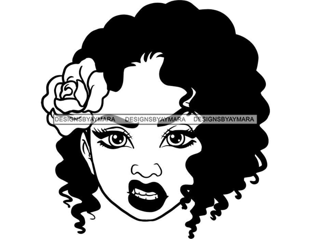 Sassy Black Woman Curly Hair Flower Rose Mean Face Smirk Mouth Head