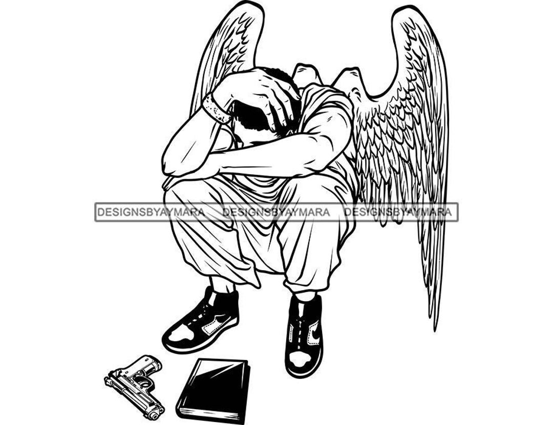 Young Man Angel Wings Robe Stooping Hand Head Sneakers Bracelet Gun ...